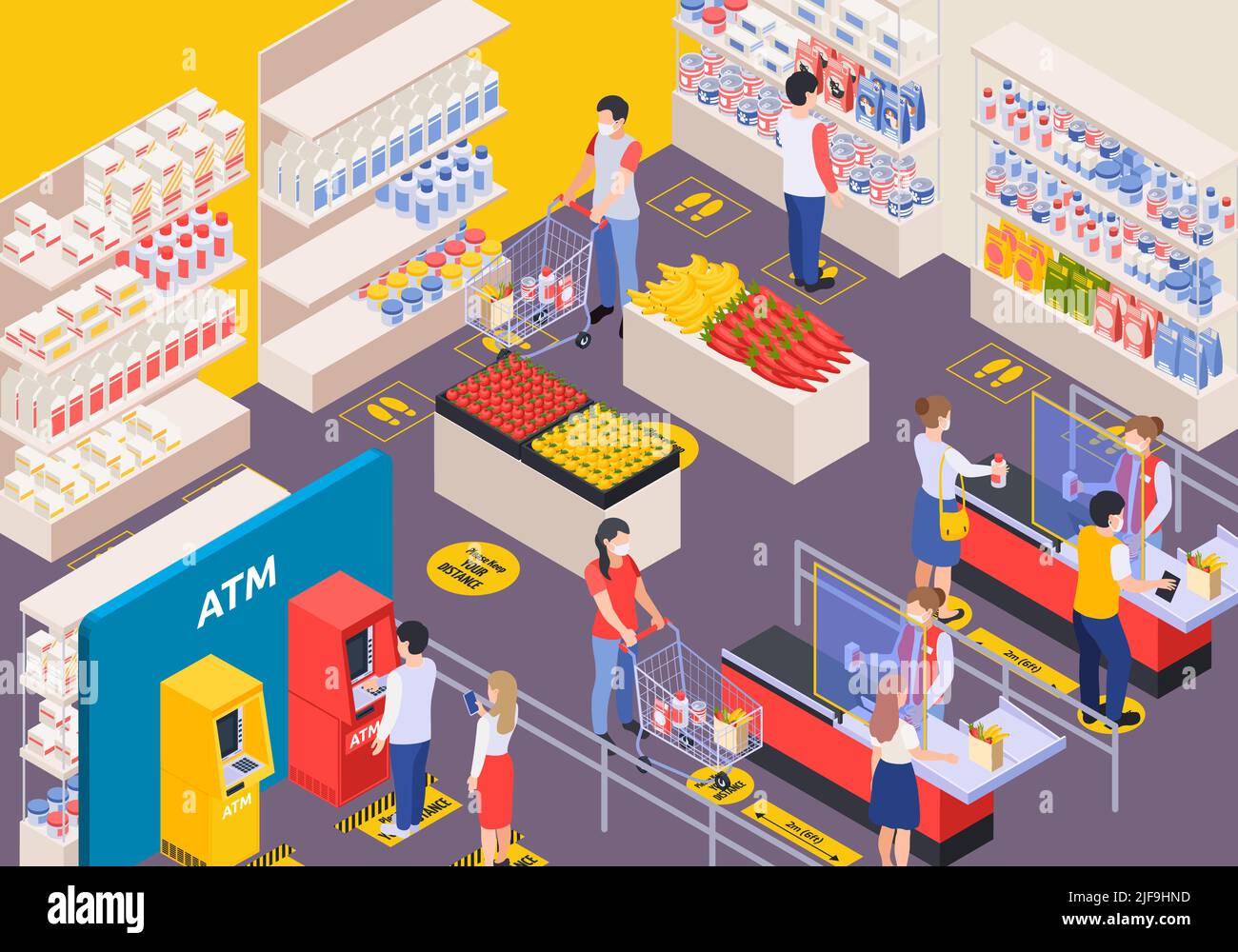 Customers in supermarket interior with markup for social distancing isometric background 3d ...