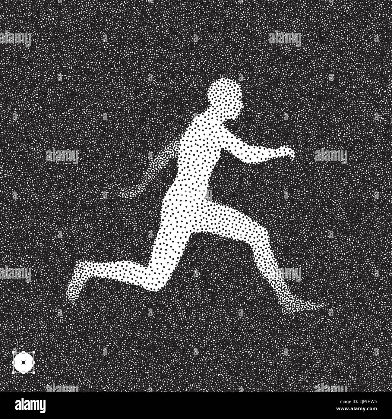 Running man. 3D model of man. Black and white grainy design. Stippling ...
