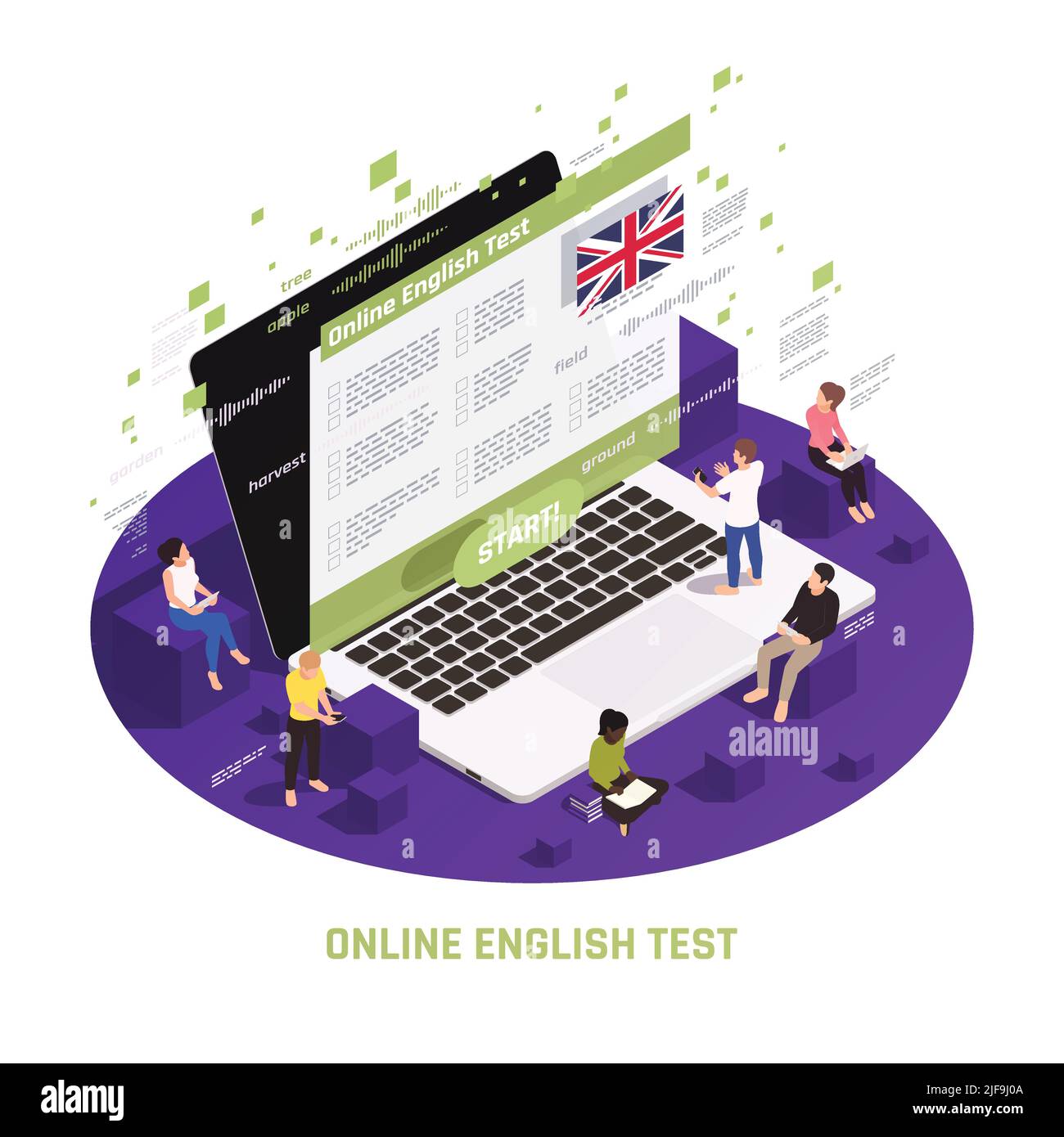 Language learning circular isometric composition with people sitting ...