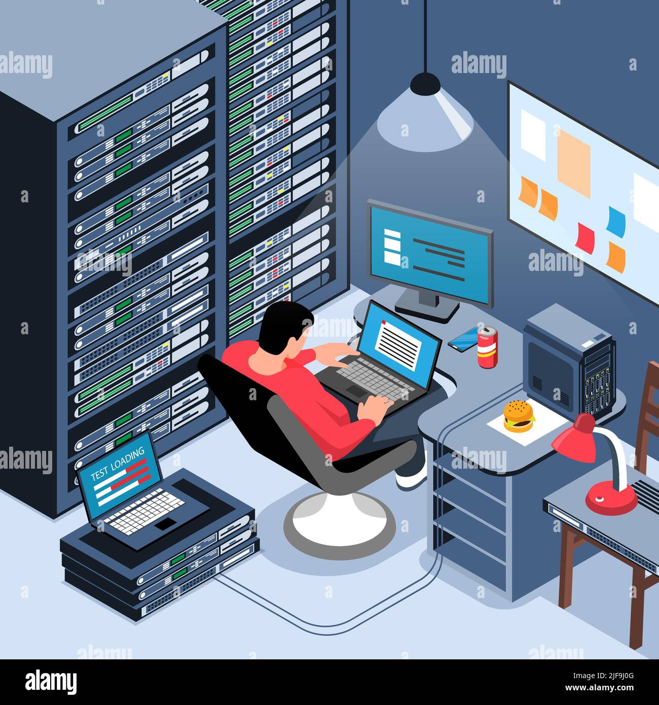 Male sysadmin working on laptop in his office 3d isometric vector illustration Stock Vector ...