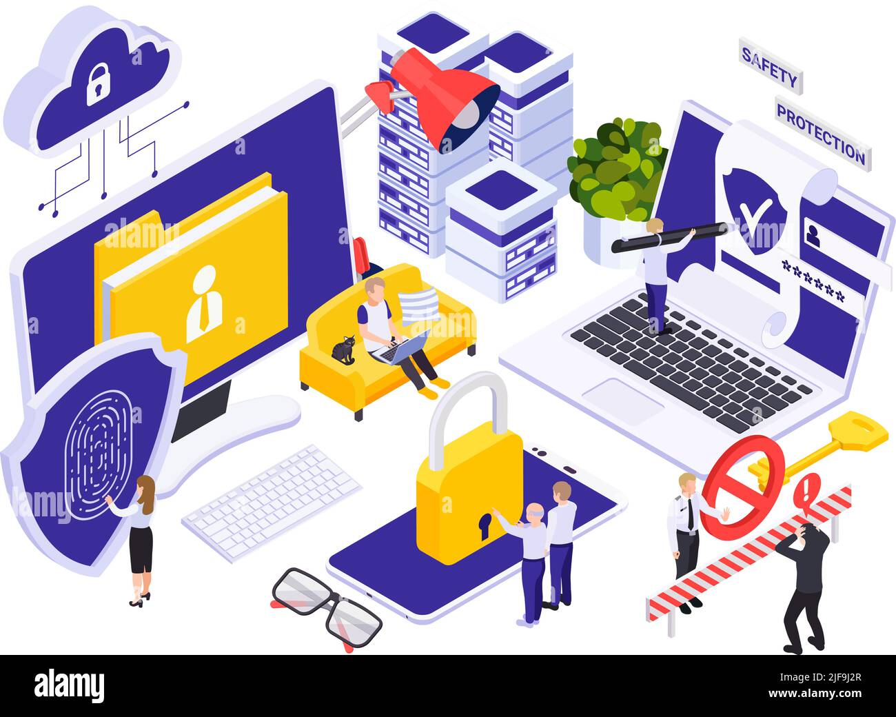 Smartphone and computer cyber security isometric icons with protection ...