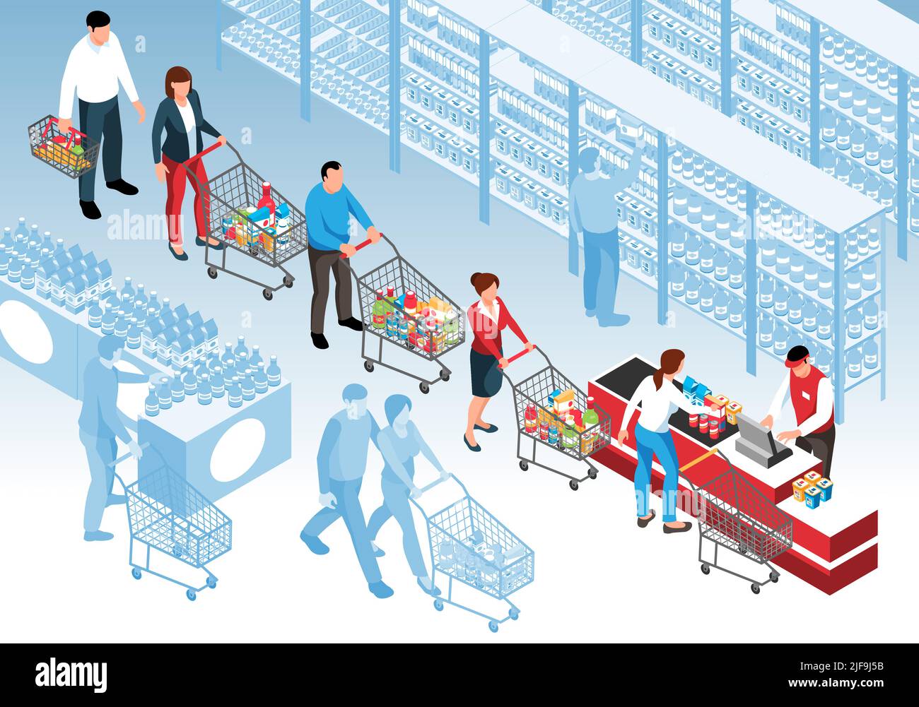 Isometric queue background with customers standing in line at ...