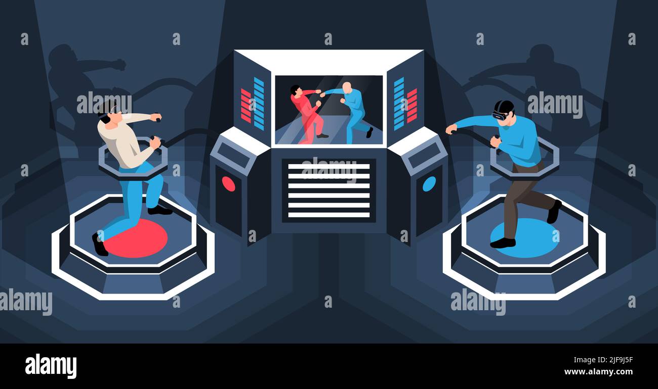 Two men playing fighting game in virtual reality glasses 3d isometric ...