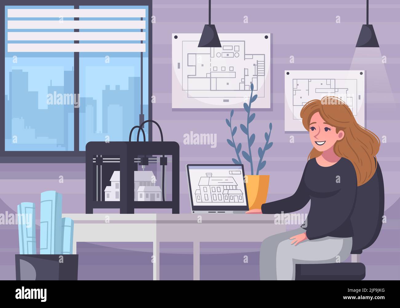 Architect cartoon composition with indoor interior scenery of female ...