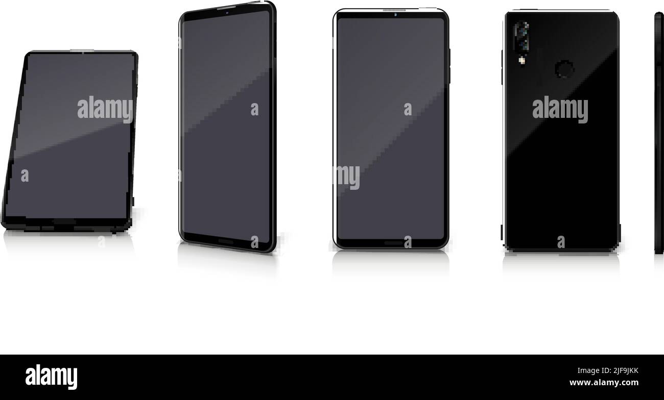 Realistic set of front back and side smartphone mockups on white ...