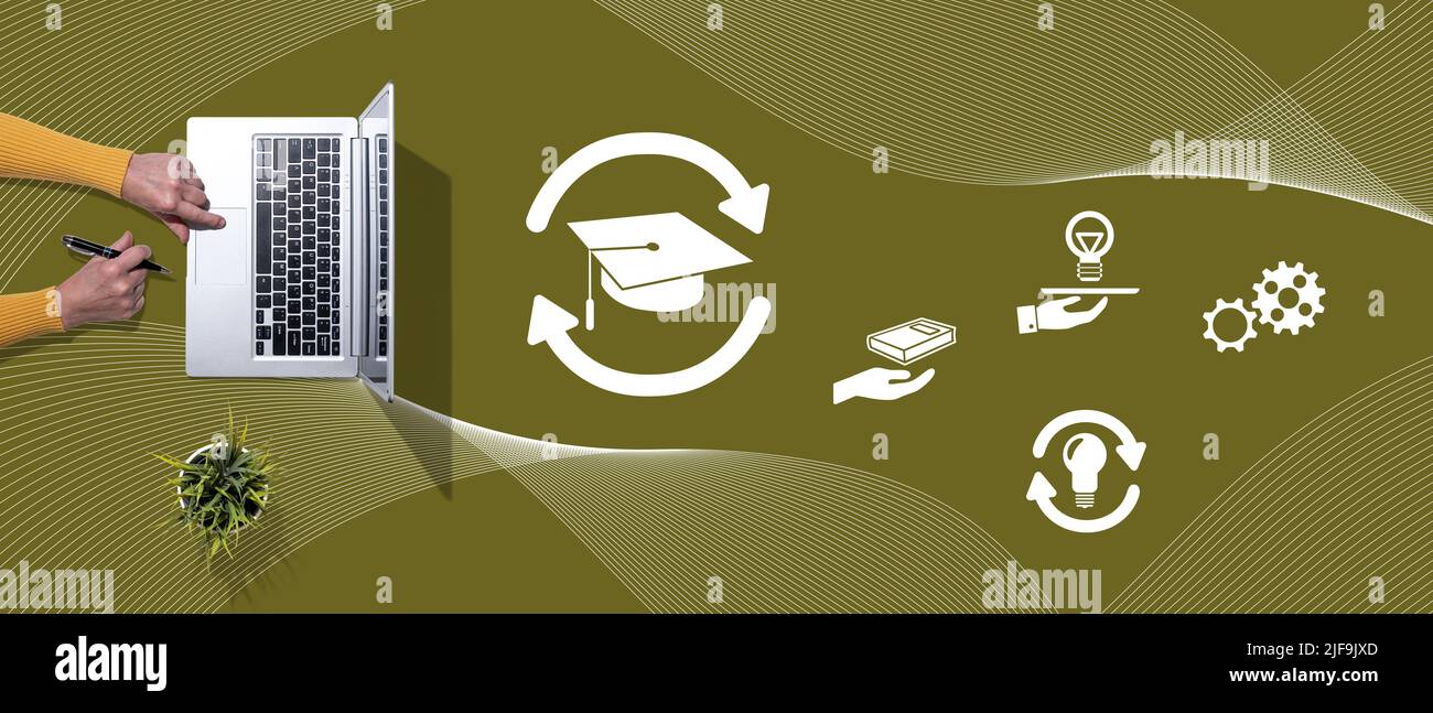 Top view of hands using laptop with symbol of knowledge sharing concept ...