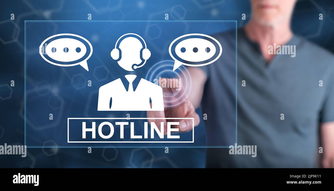 Man touching a hotline concept on a touch screen with his finger Stock ...
