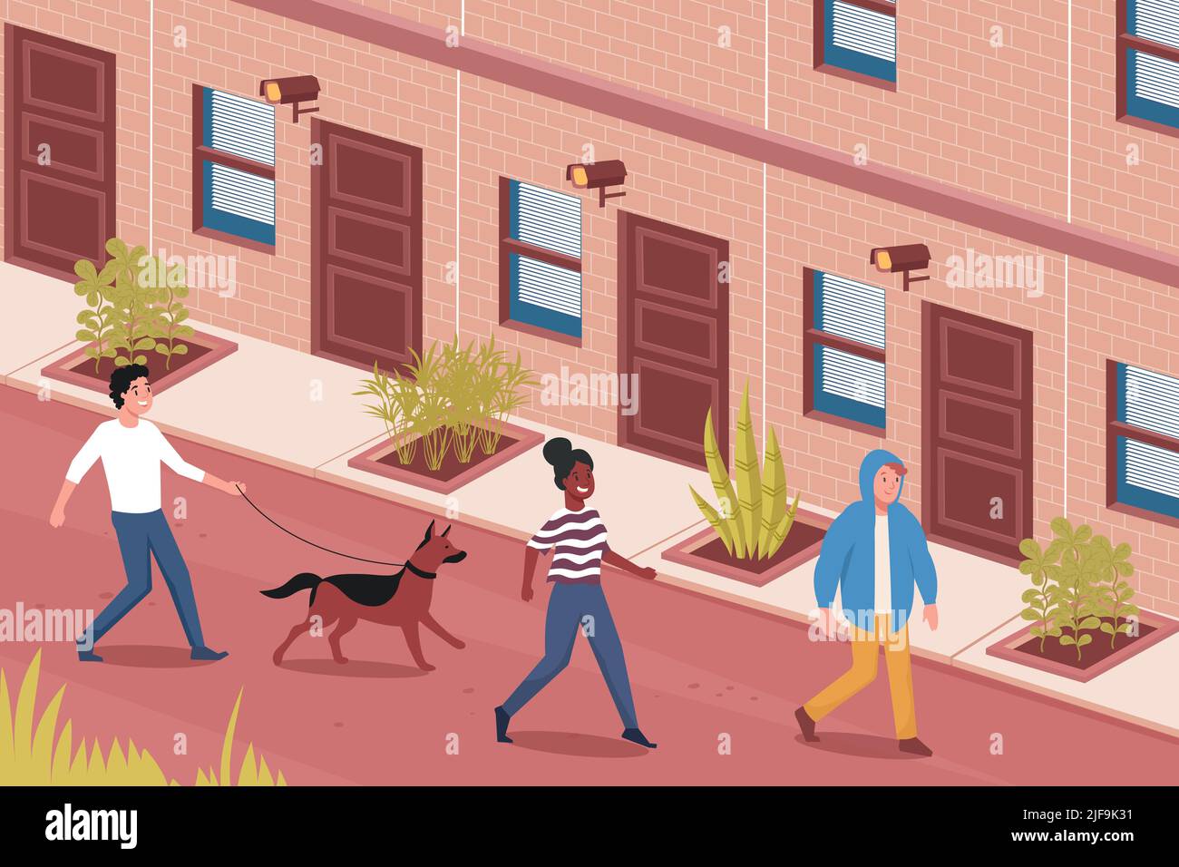 Three people going by building with house security system cameras flat ...