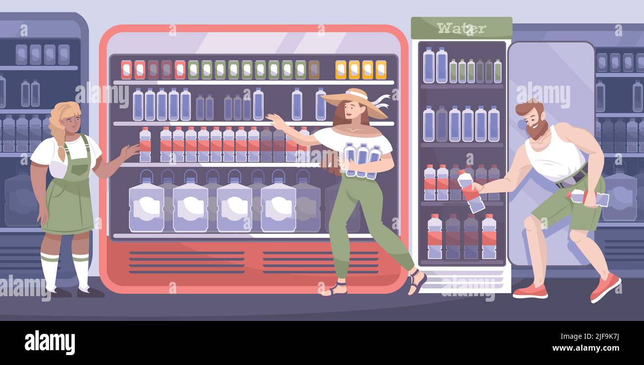 Cool drink shop flat composition with woman and man buying the water ...