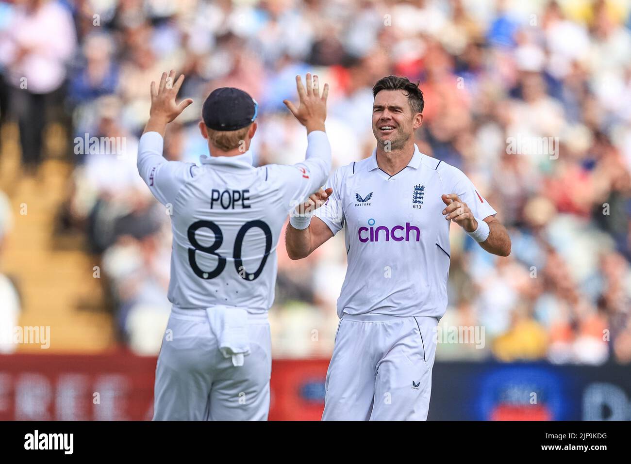 James Anderson of England celebrates the wicket of Shubman Gill of ...