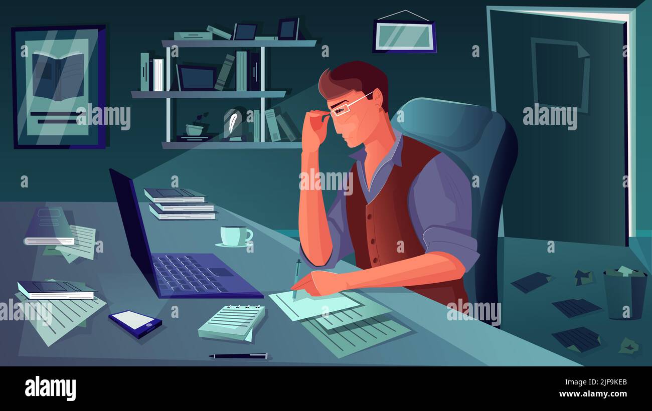 Writer in his study sitting with laptop and papers writing book flat ...