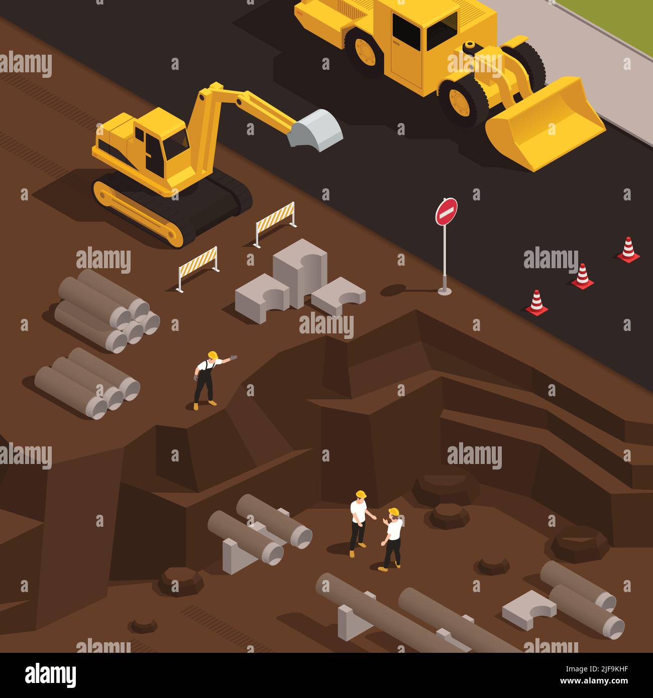 Buildings water supply system isometric composition with bulldozer ...