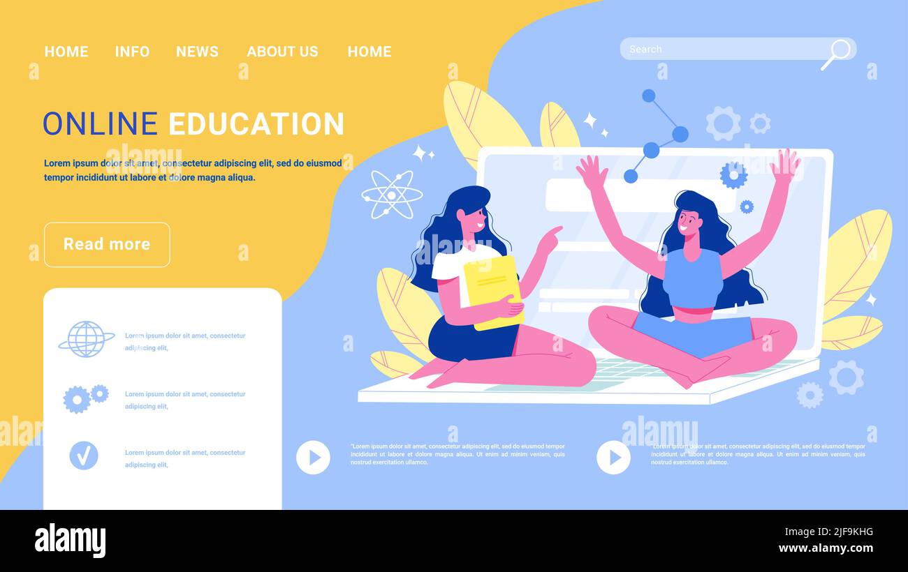 Online education web landing page background with 2 girls students ...