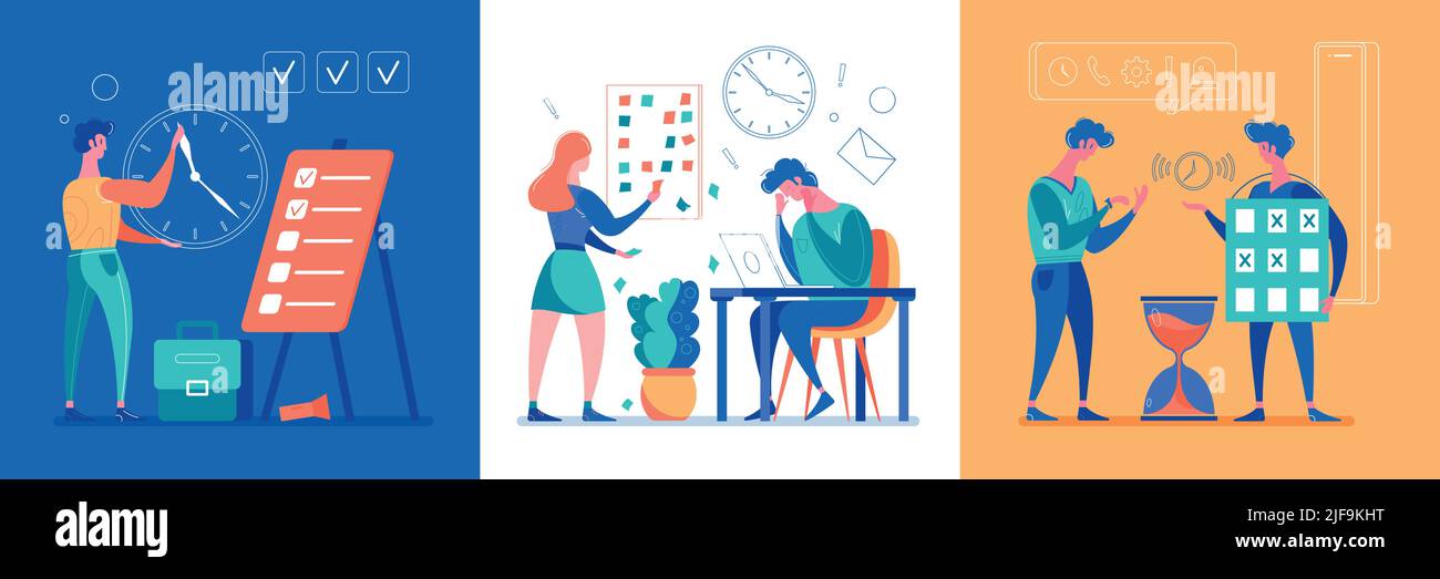 Time management skills 3 flat cartoon concept compositions tight ...