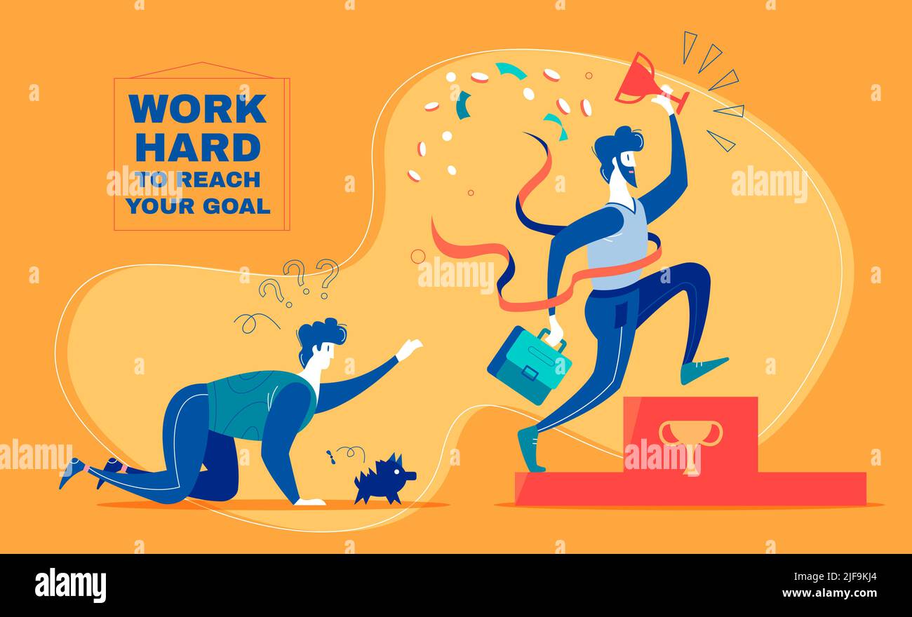 Cheerful winner businessman holding prize and loser following him flat ...