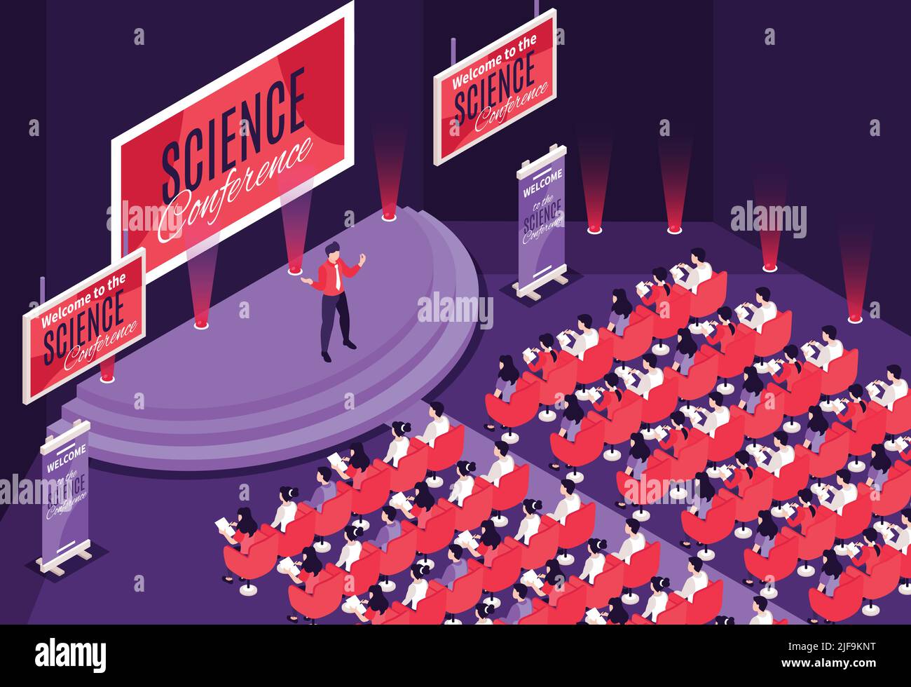 Speaker performing on stage at science conference in front of audience ...