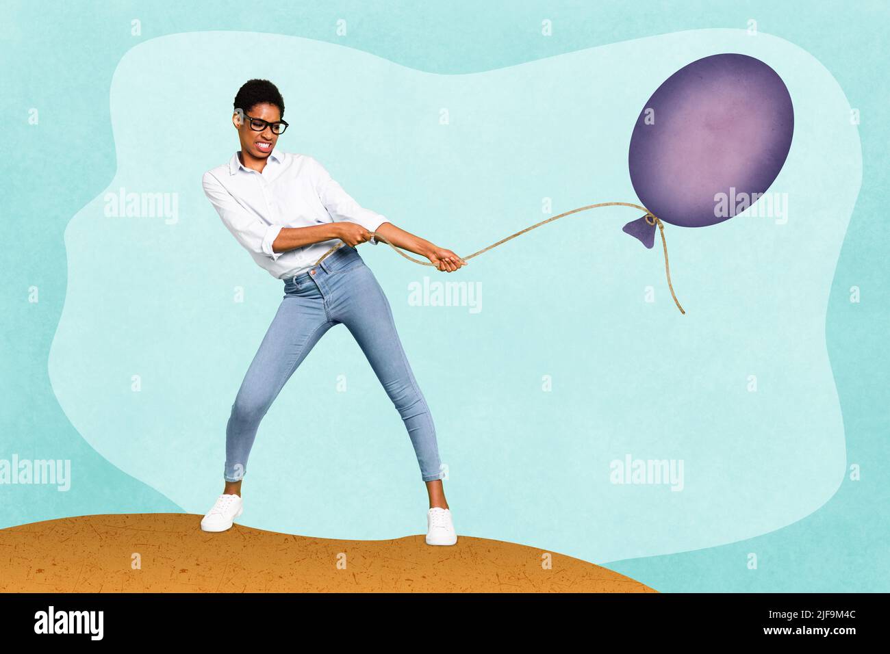 Collage picture of hardworking business person pulling air balloon ...