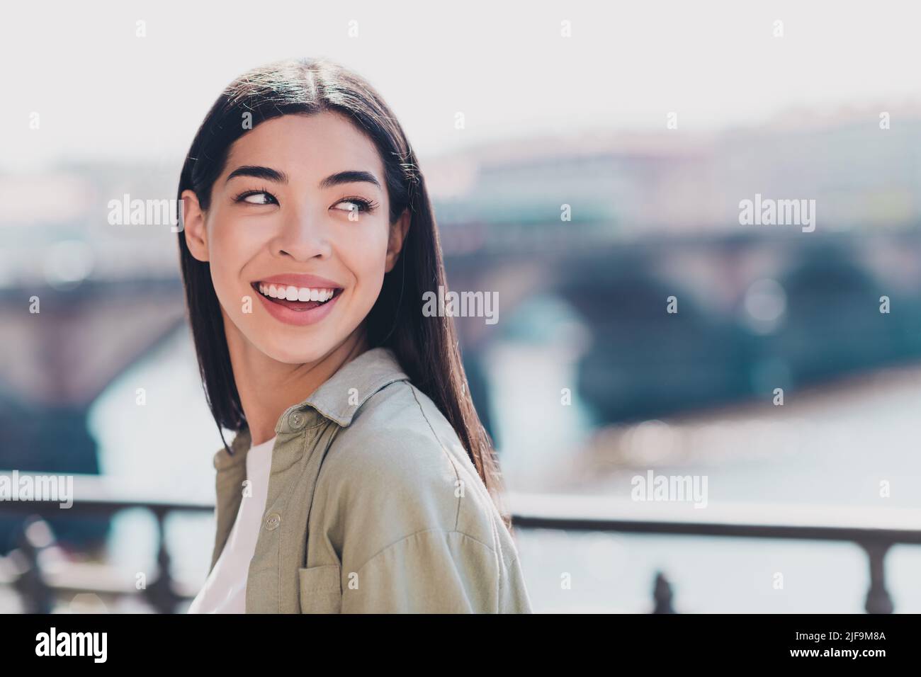 Photo of adorable excited lady dressed casual clothes smiling enjoying ...