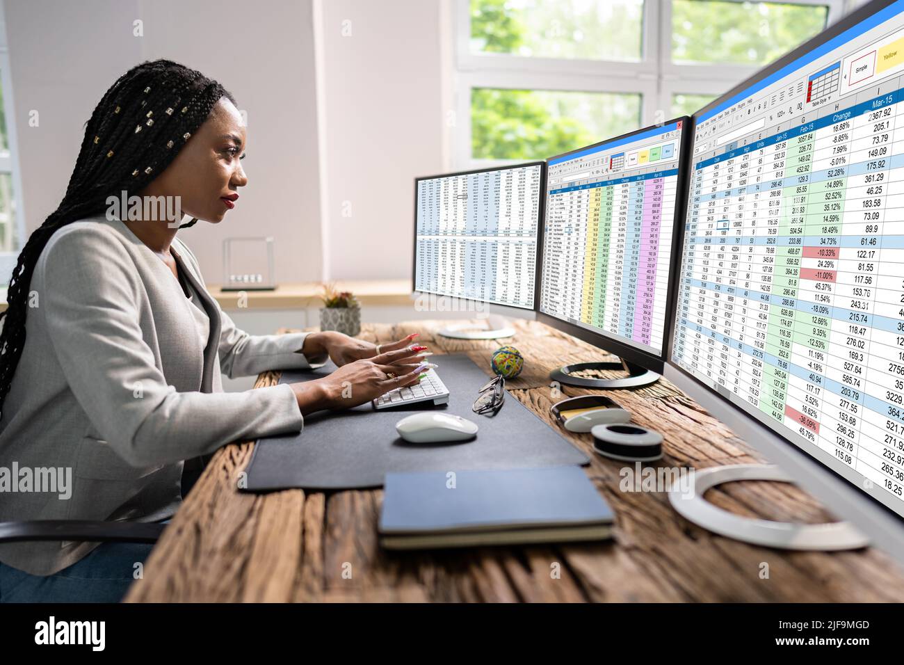 Computer Spreadsheet Data Analyst Woman Using Multiple Screens Stock ...