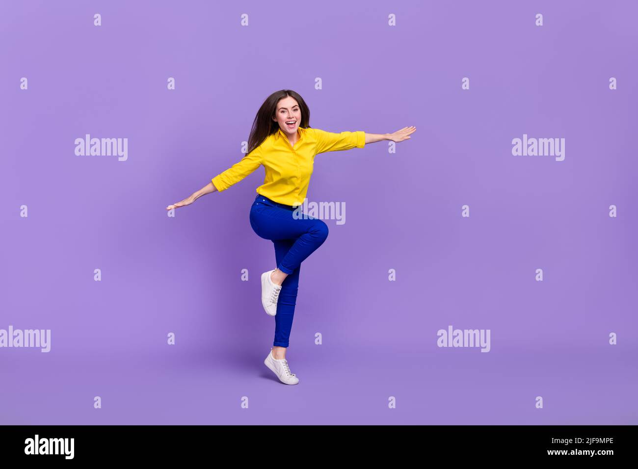 Full length body size view of attractive cheery girl jumping having fun ...
