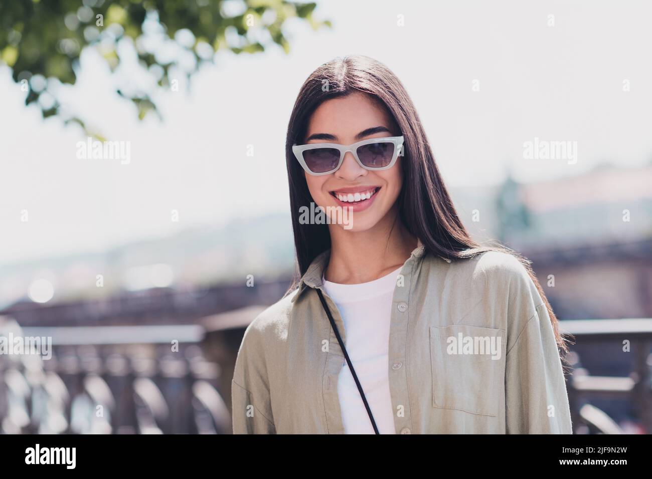 Portrait of adorable cute lady tourist look in camera enjoy ...