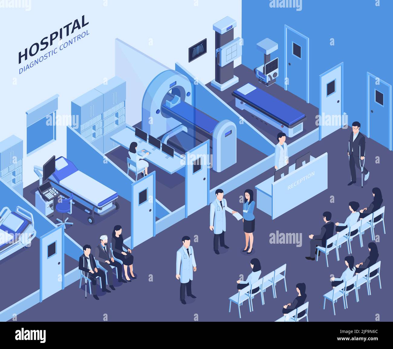 Hospital interior isometric composition with receptionist front desk ...