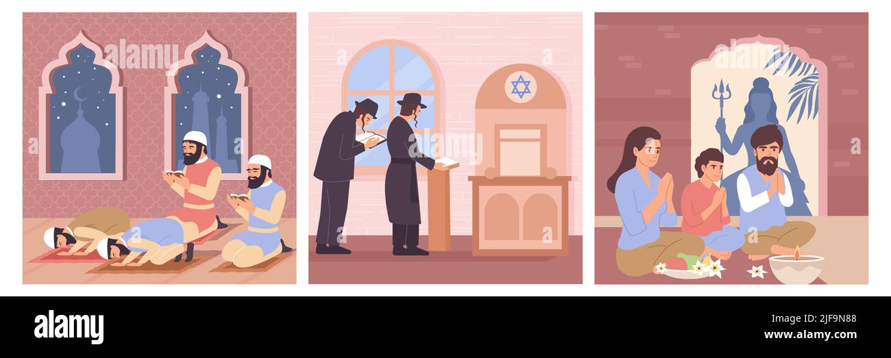 World religions set of three flat compositions with indoor sceneries ...