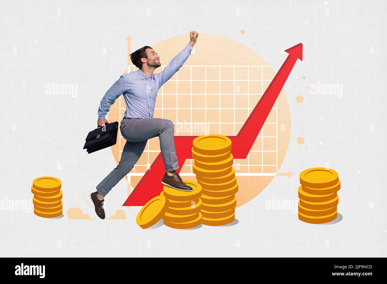 Creative collage portrait of successful business person running growing ...