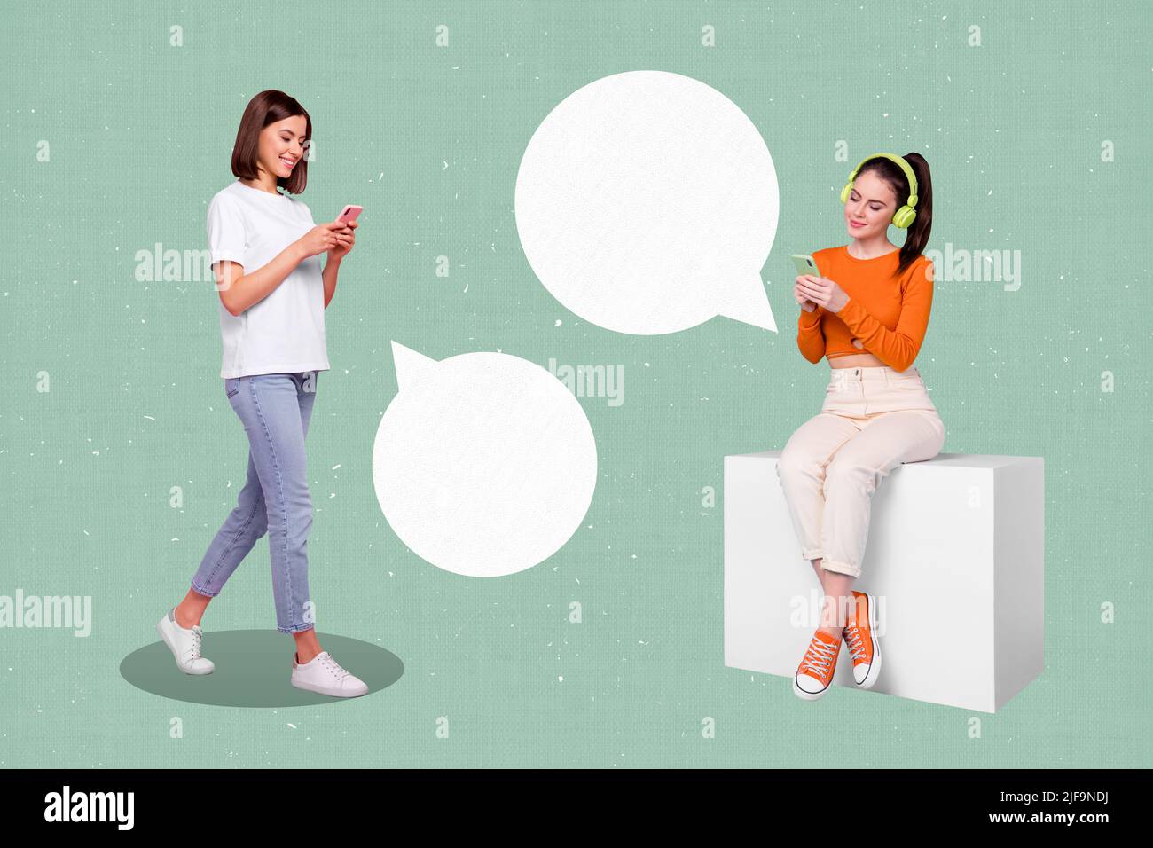 Collage picture of two best friends communicating through cellphone far ...