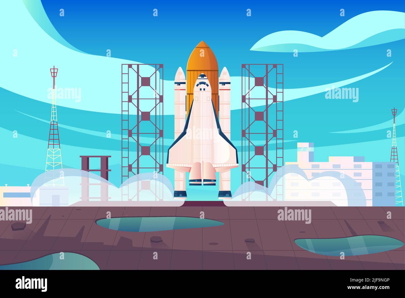 Rocket launch flat composition with view of launching site with space ...