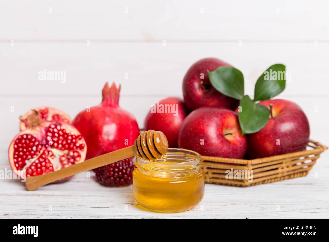 Flat lay composition with symbols jewish Rosh Hashanah holiday ...