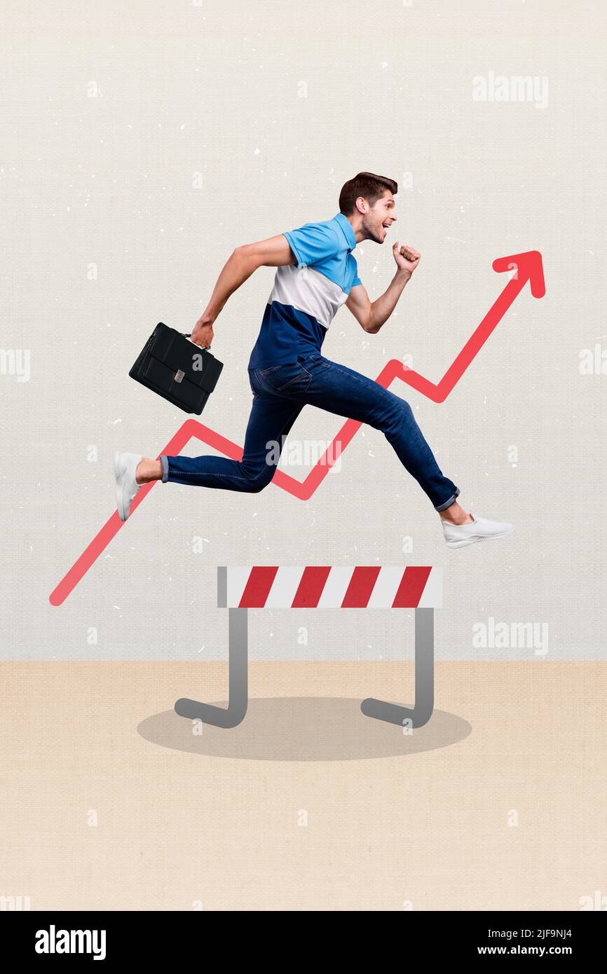 Vertical composite portrait of running business person hold briefcase ...