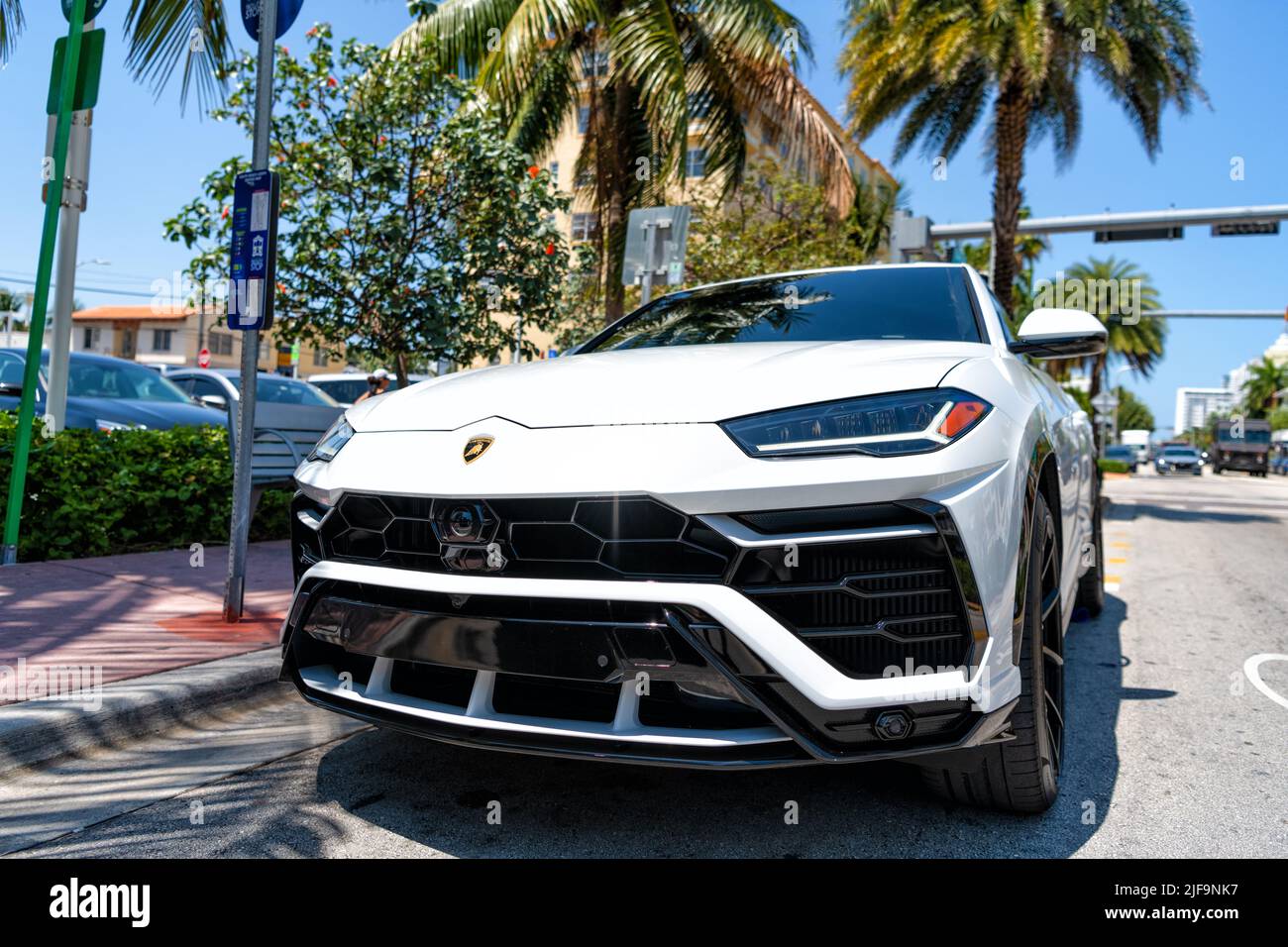 Miami Beach, Florida USA - April 14, 2021: white Lamborghini Urus, low ...
