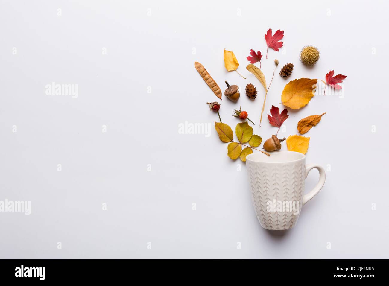 Autumn composition with cup and dried leaves on table. Flat lay, top ...