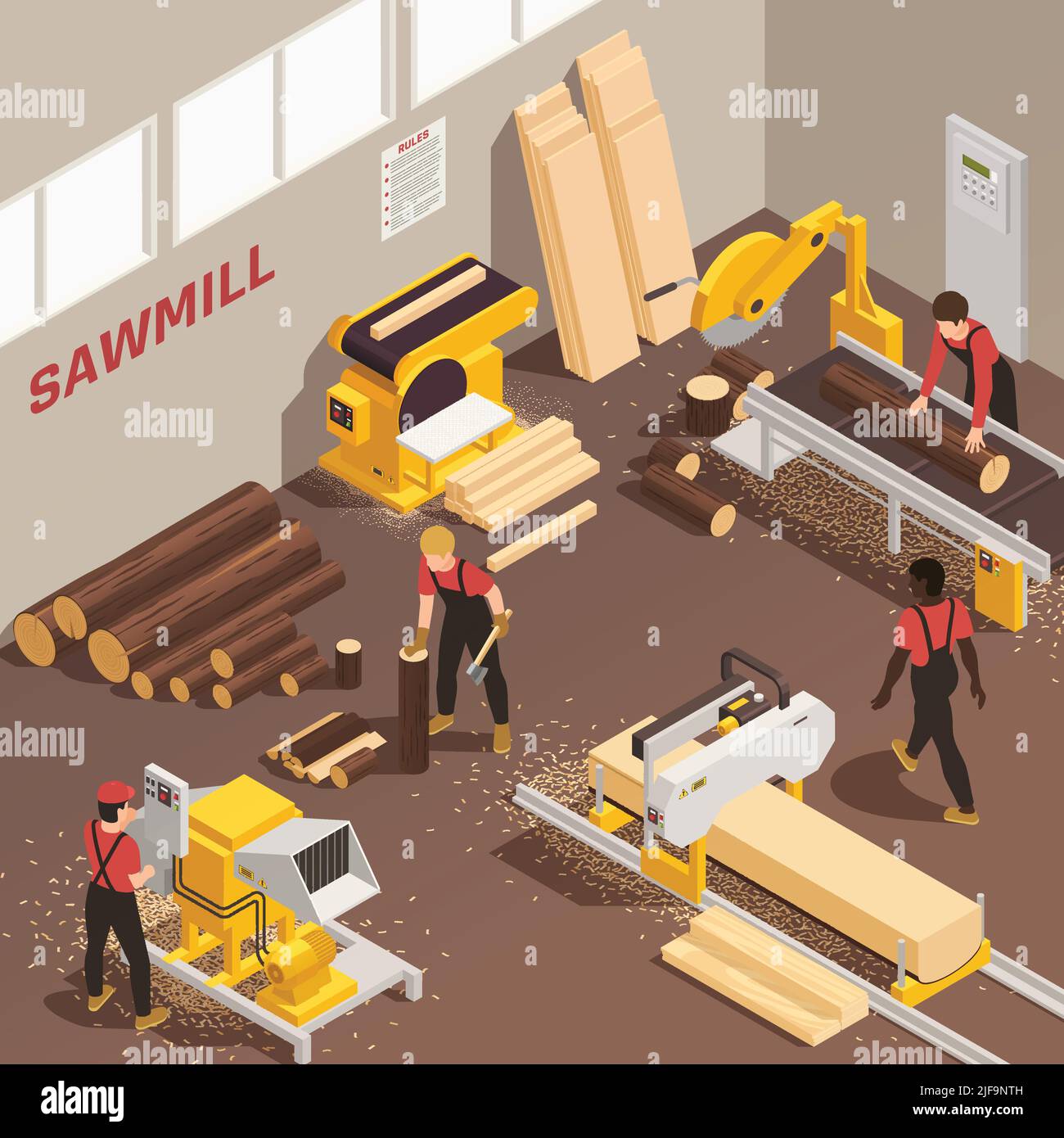 Timber machinery and lumberjacks working at sawmill 3d isometric vector ...