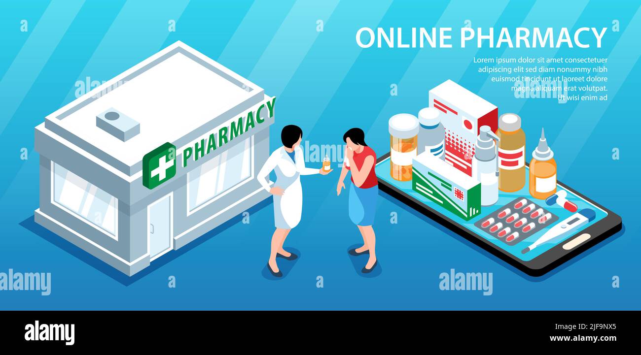 Isometric pharmacy horizontal background composition of editable text ...