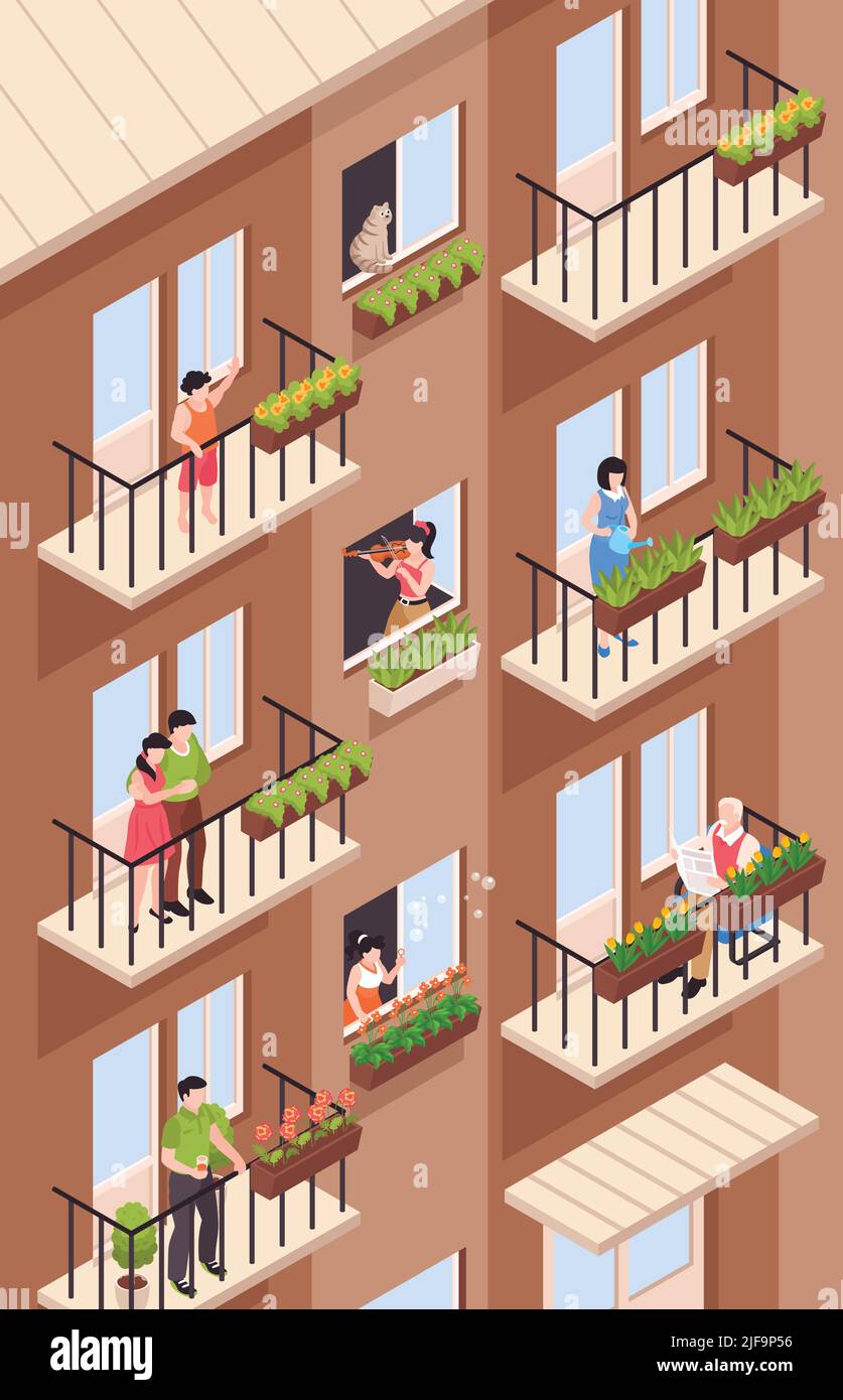 Isometric neighbors composition with view of high rise apartment house ...