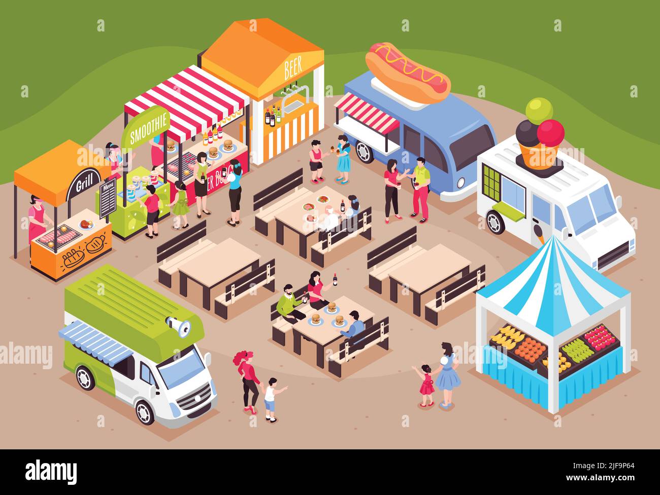 Isometric food courts fair composition with view of fairground with ...
