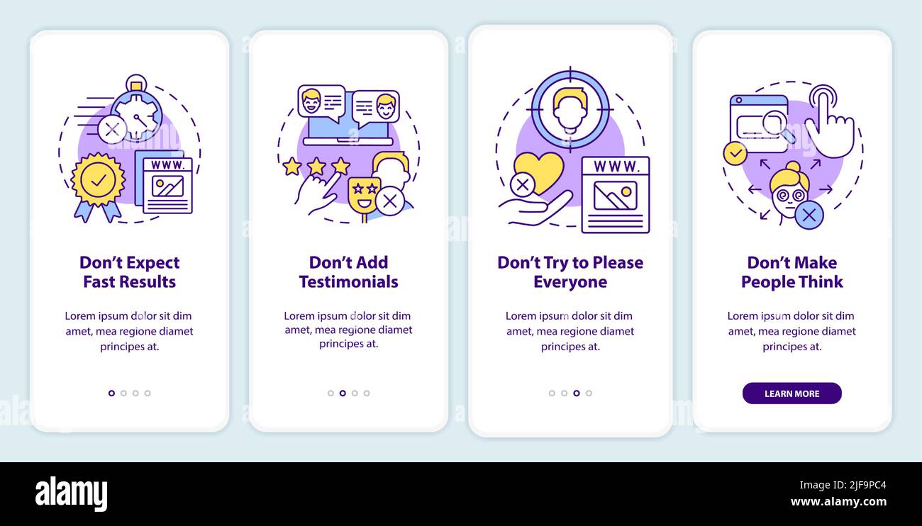 Creating website donts onboarding mobile app screen Stock Vector Image ...