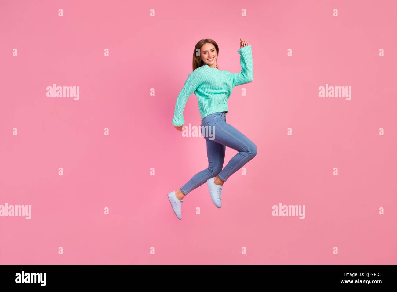 Full body photo of overjoyed sportive person rush hurry jump have good ...