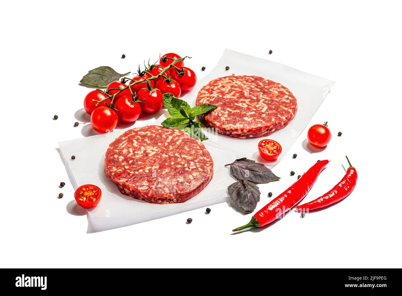 Raw steak cutlets from minced beef meat isolated on white background ...