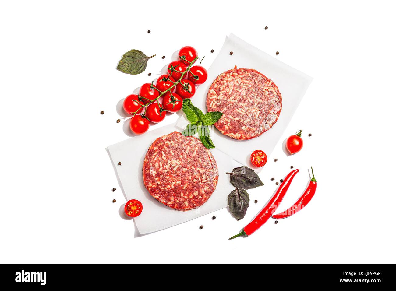Raw steak cutlets from minced beef meat isolated on white background ...