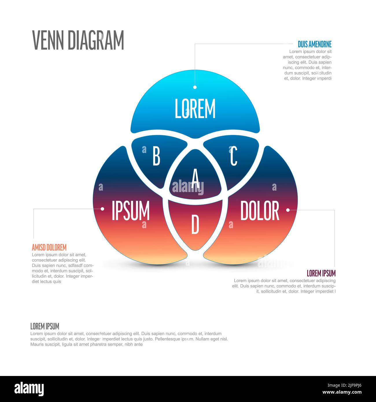 Multipurpose Venn diagram schema template with three circles blue and ...