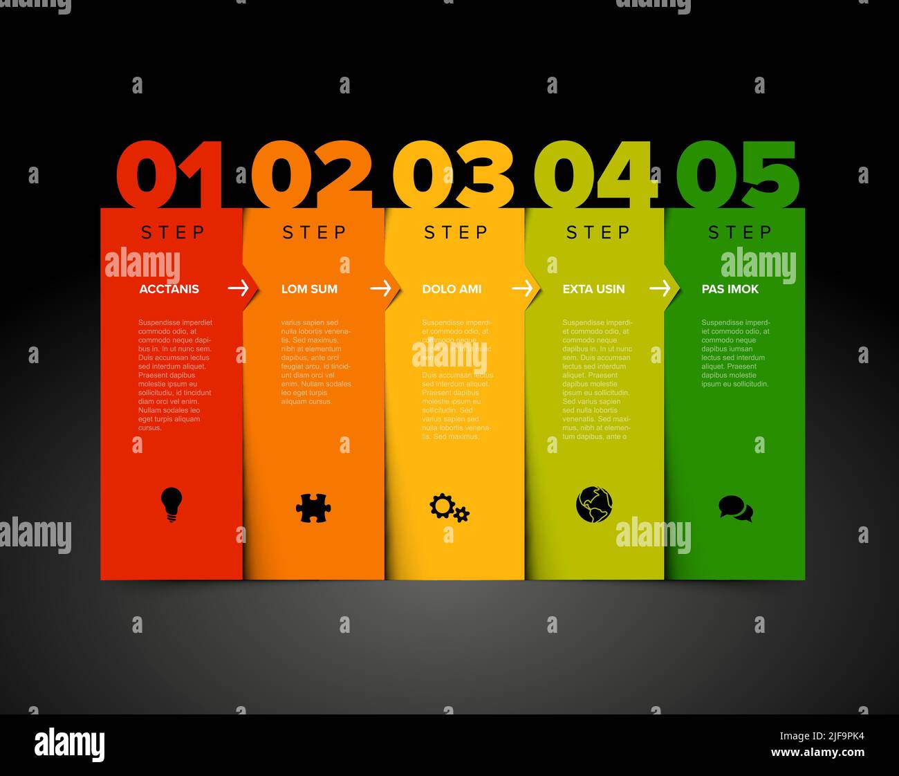 Five vector progress block steps template with descriptions, big numbers. Five fresh color ...
