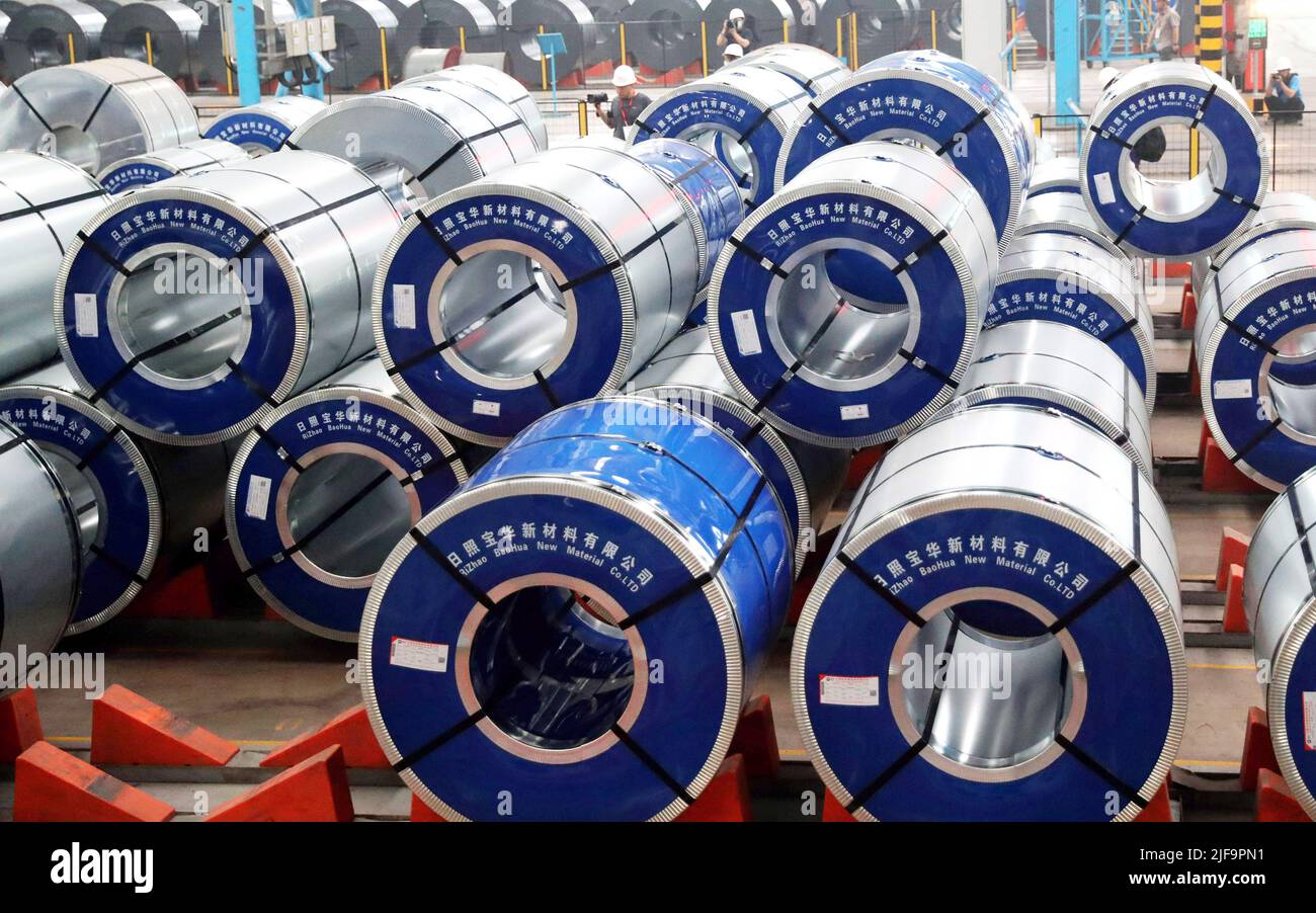 RIZHAO, CHINA - JUNE 30, 2022 - Wrapped steel coils are seen at the ...