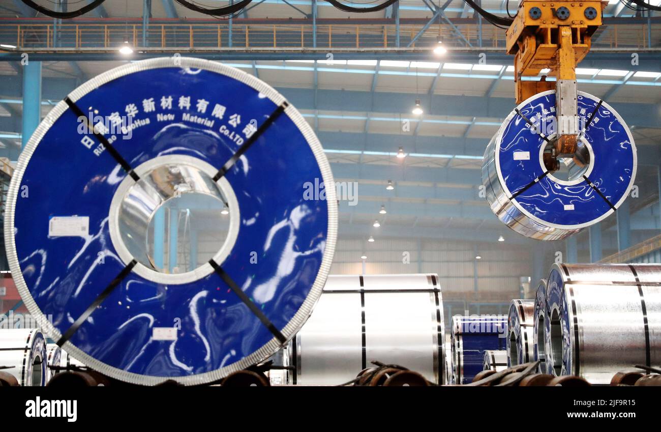 RIZHAO, CHINA - JUNE 30, 2022 - Steel coils are loaded at the workshop ...