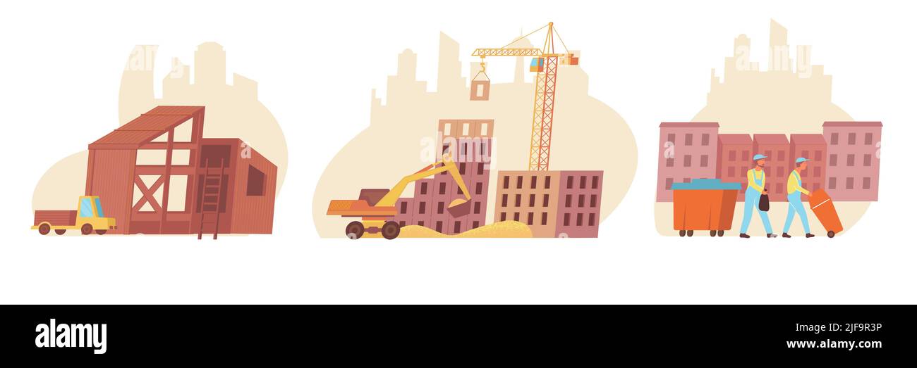 Home construction set of three isolated compositions with flat images ...