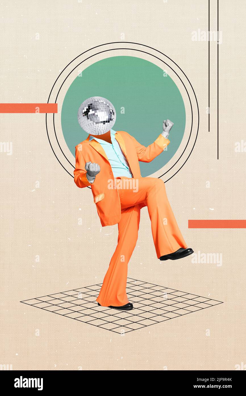 Collage photo of crazy energetic dancing disco ball man enjoy retro ...