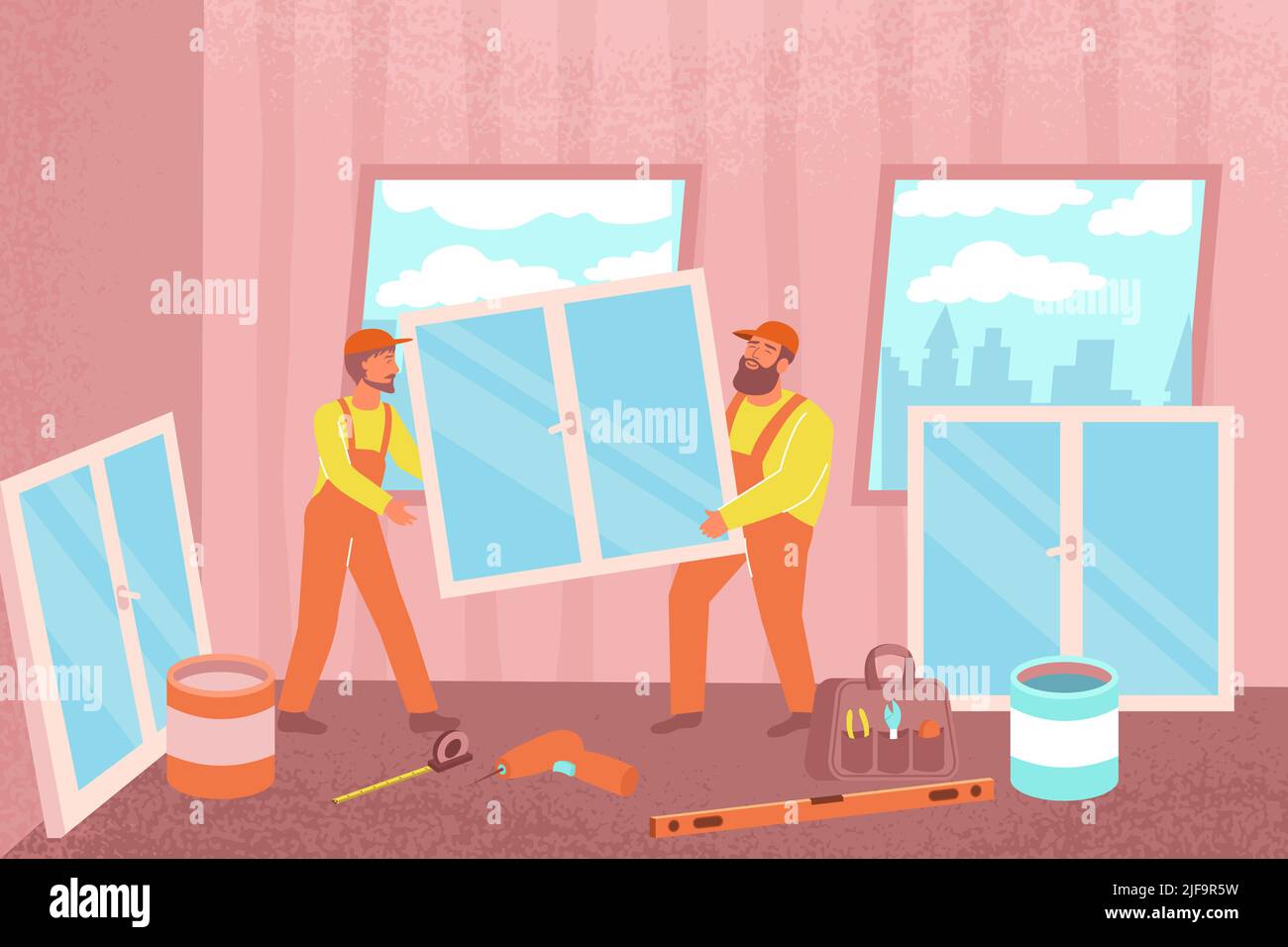 Installation of windows flat composition with indoor view of living ...