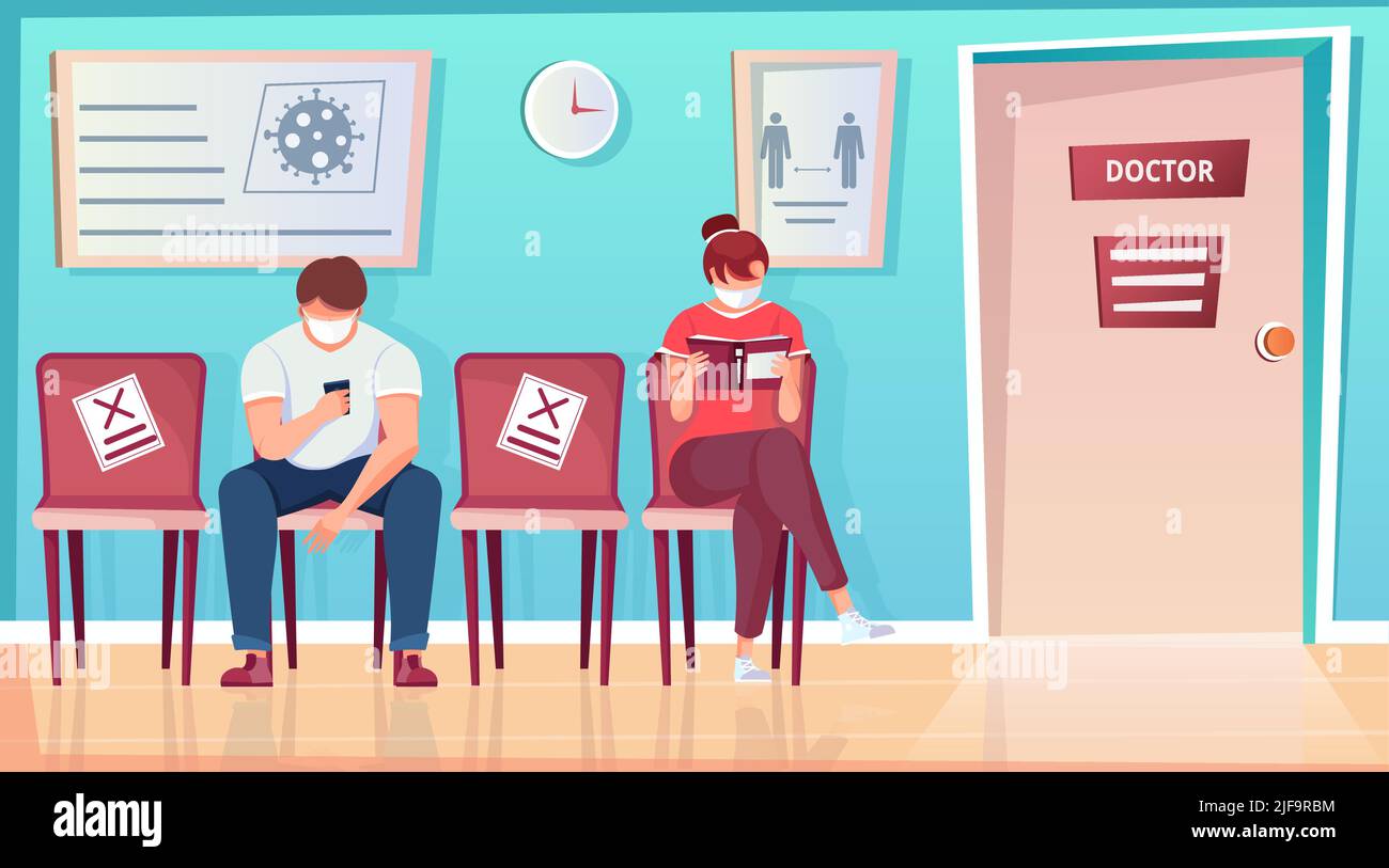 Social distance in hospital flat composition with view of clinic lobby ...